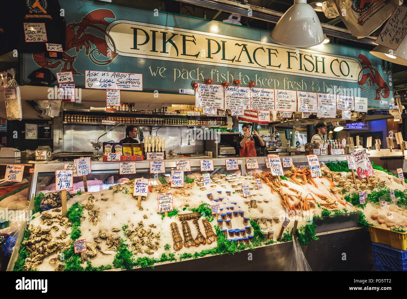 Seattle, Washington, USA - July 6, 2018: The variety of seafood selling ...