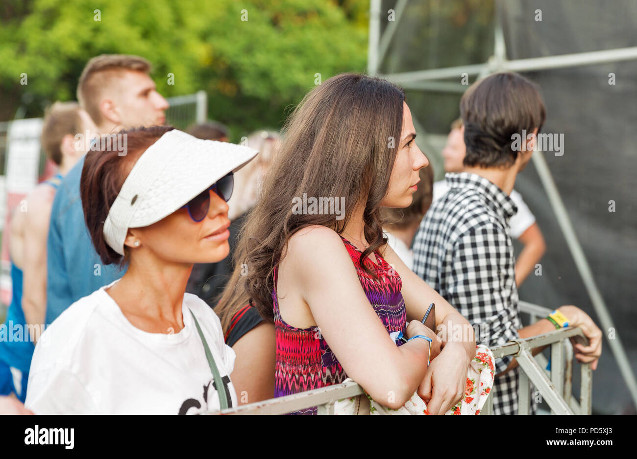 KIEV, UKRAINE - JULY 06, 2018: Young fans crowd enjoy The Maneken ...