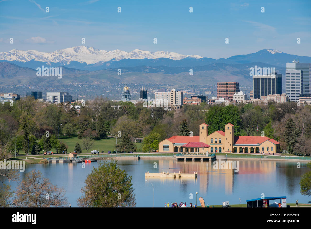 Aerial view of City Park Pavilion with beautiful reflection at Denver ...