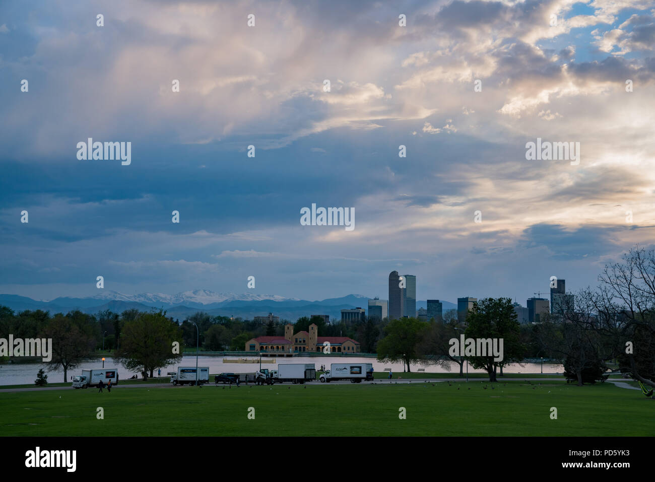Afternoon cloudy view of the downtown skyline from city park at Denver ...