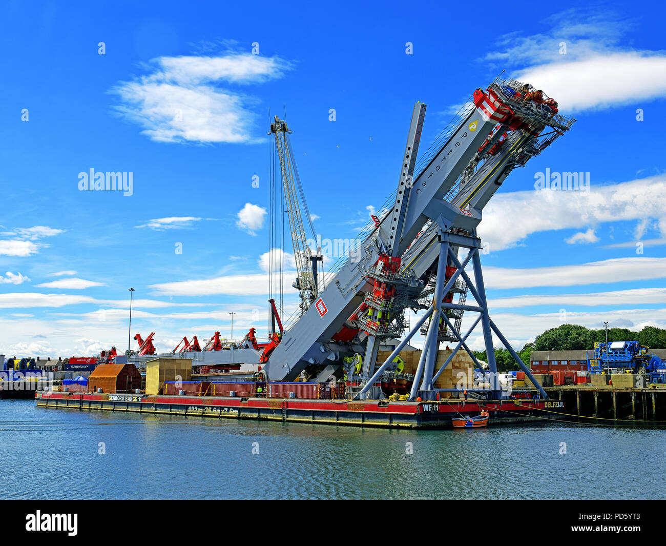 Blyth harbour pipe laying barge Genborg Barge II getting ready for sea ...
