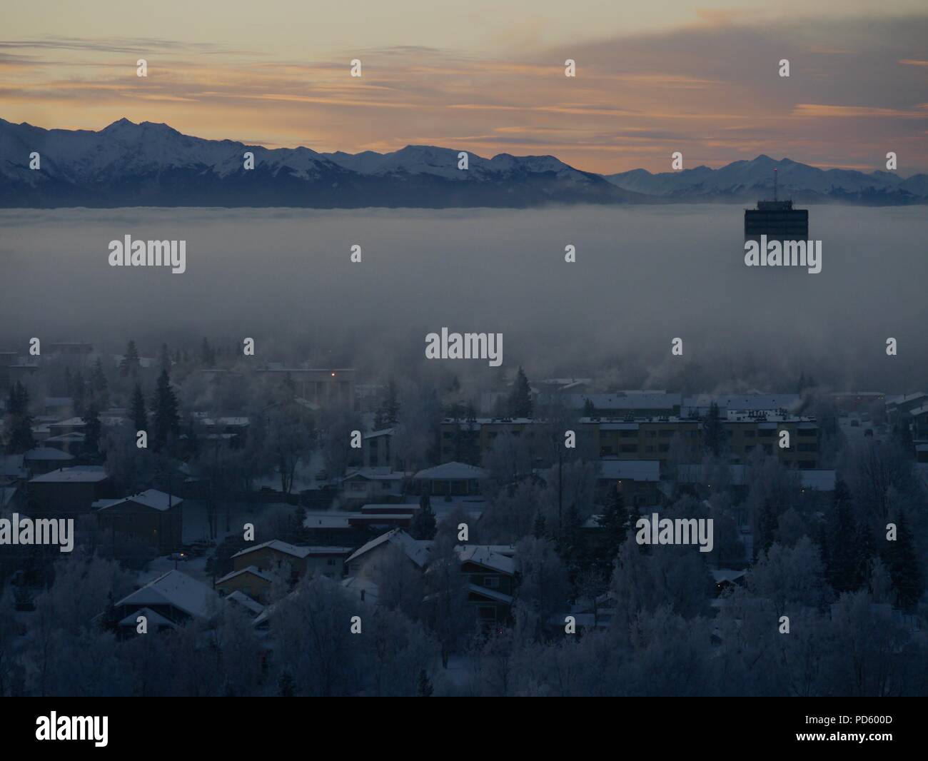 Sunrise Over Mountains and Rising Fog in Winter, Anchorage, Alaska ...