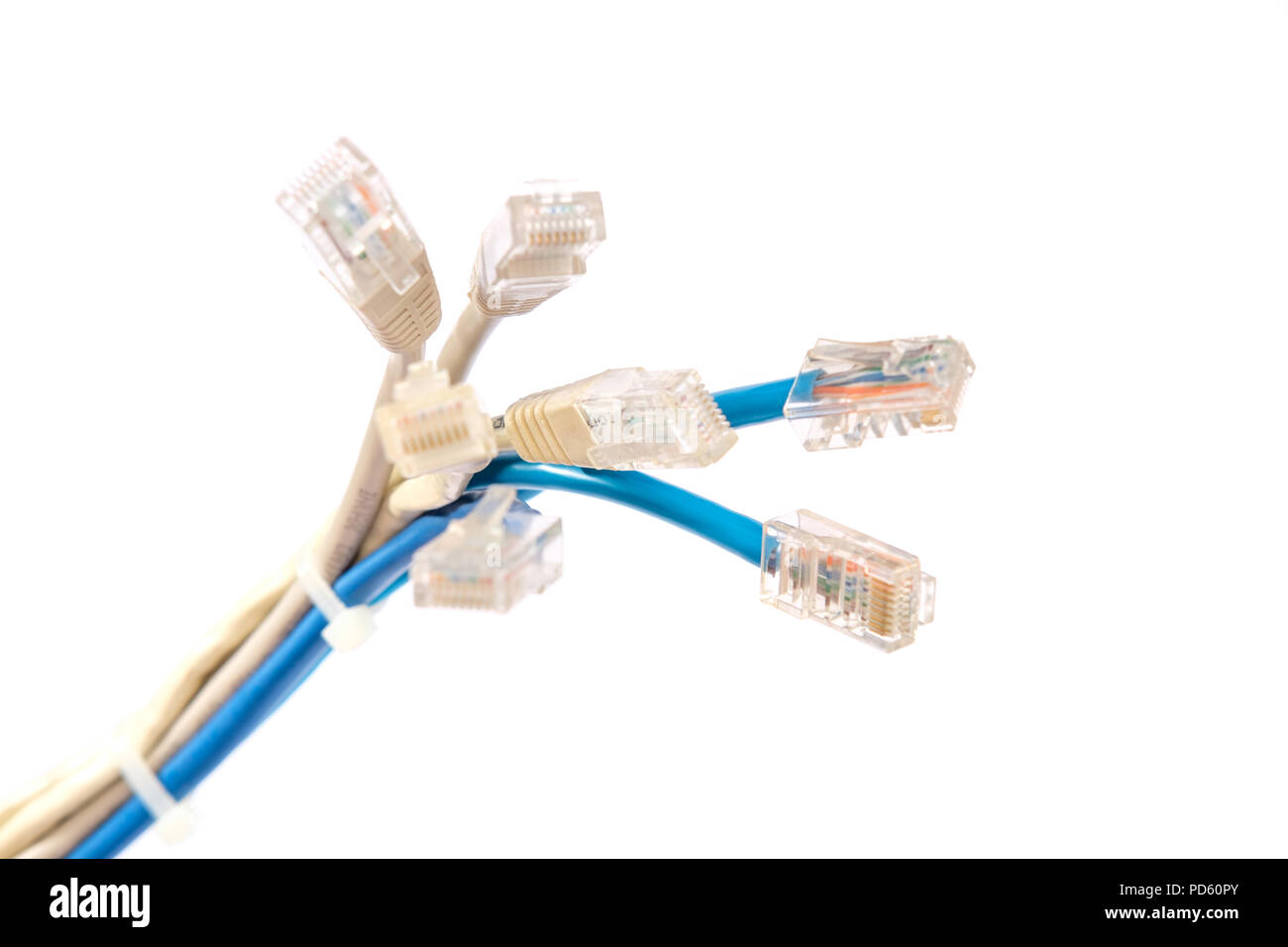 A bunch of local area network cables attached together and connectors ...