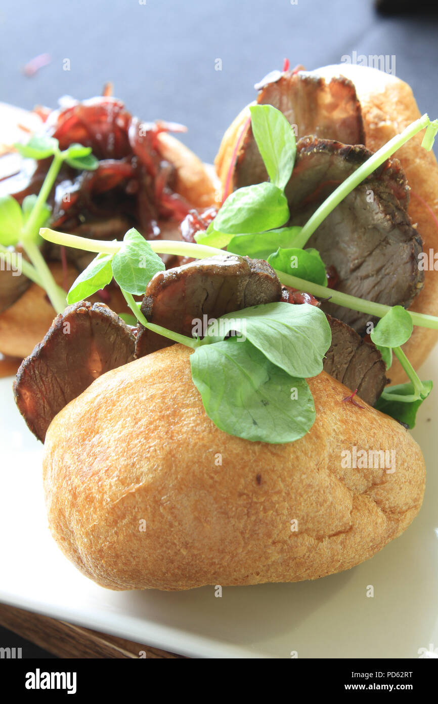 roast beef and yorkshire pudding canapes Stock Photo - Alamy