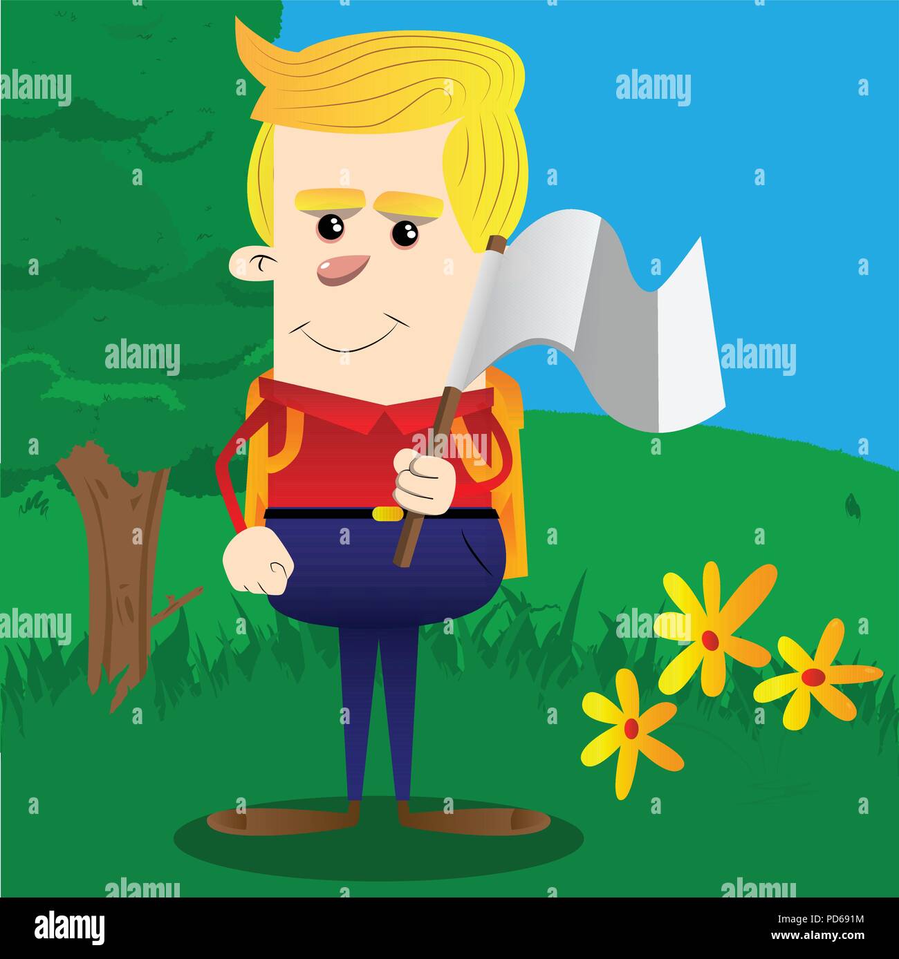 Schoolboy holds white flag of surrender. Vector cartoon character ...