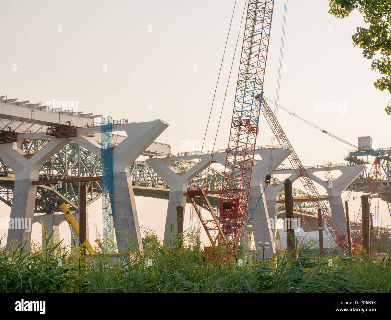 Major bridge construction site at the golden hour, Montreal, quebec ...