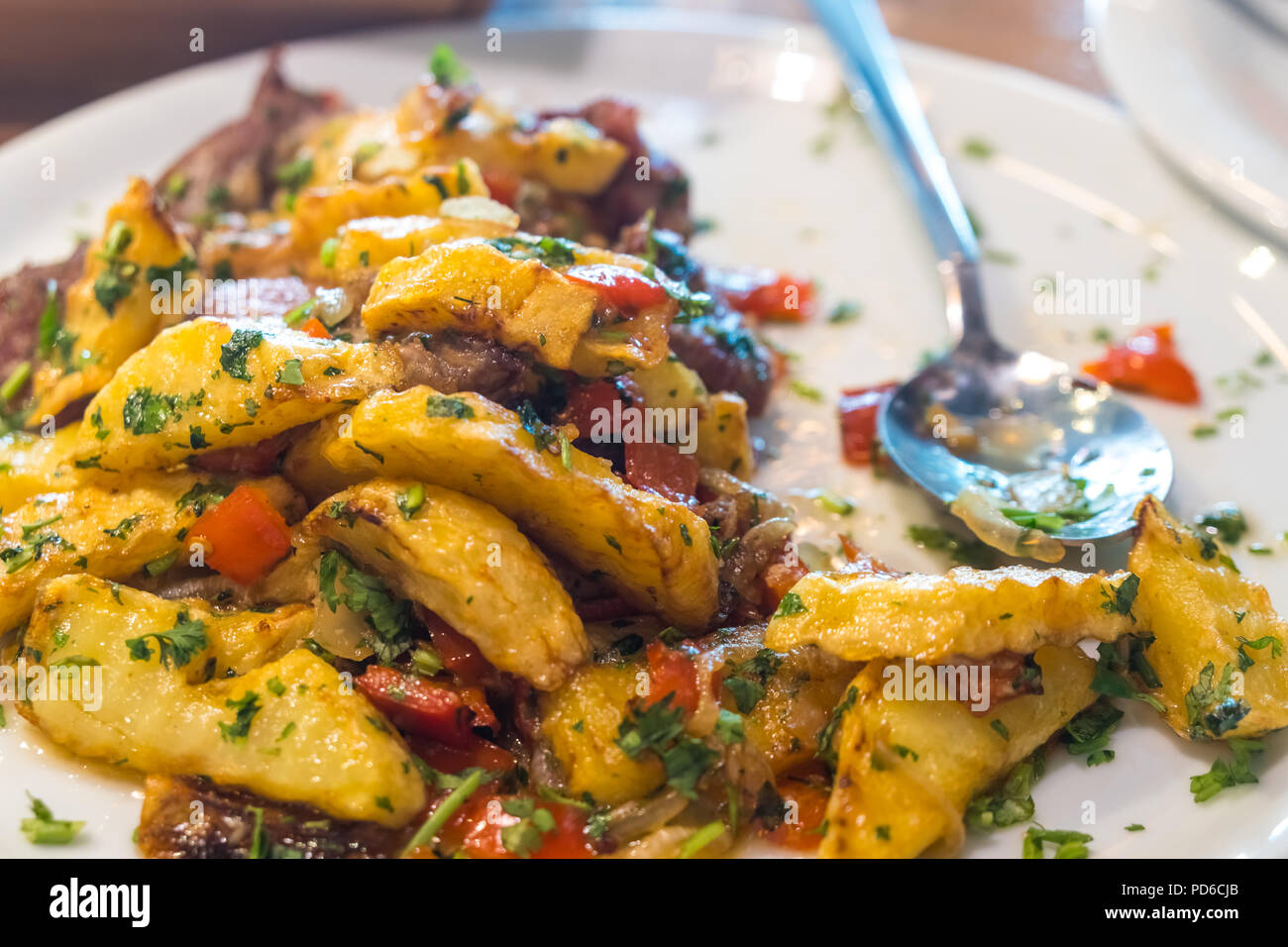 fried potatoes and meat, Ojakhuri - traditional georgian food Stock ...