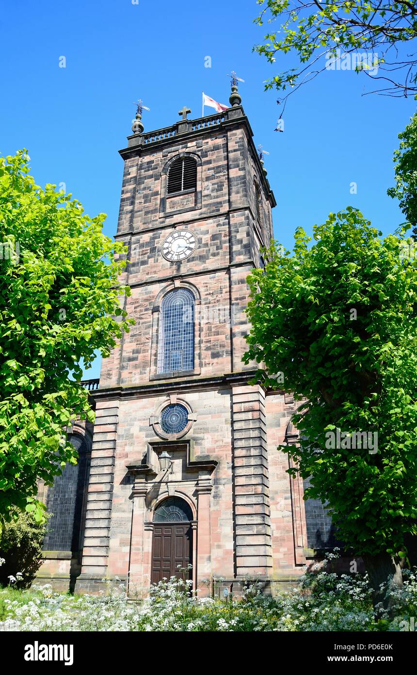 Saint Modwens Church tower with an English flag atop, Burton upon Trent ...