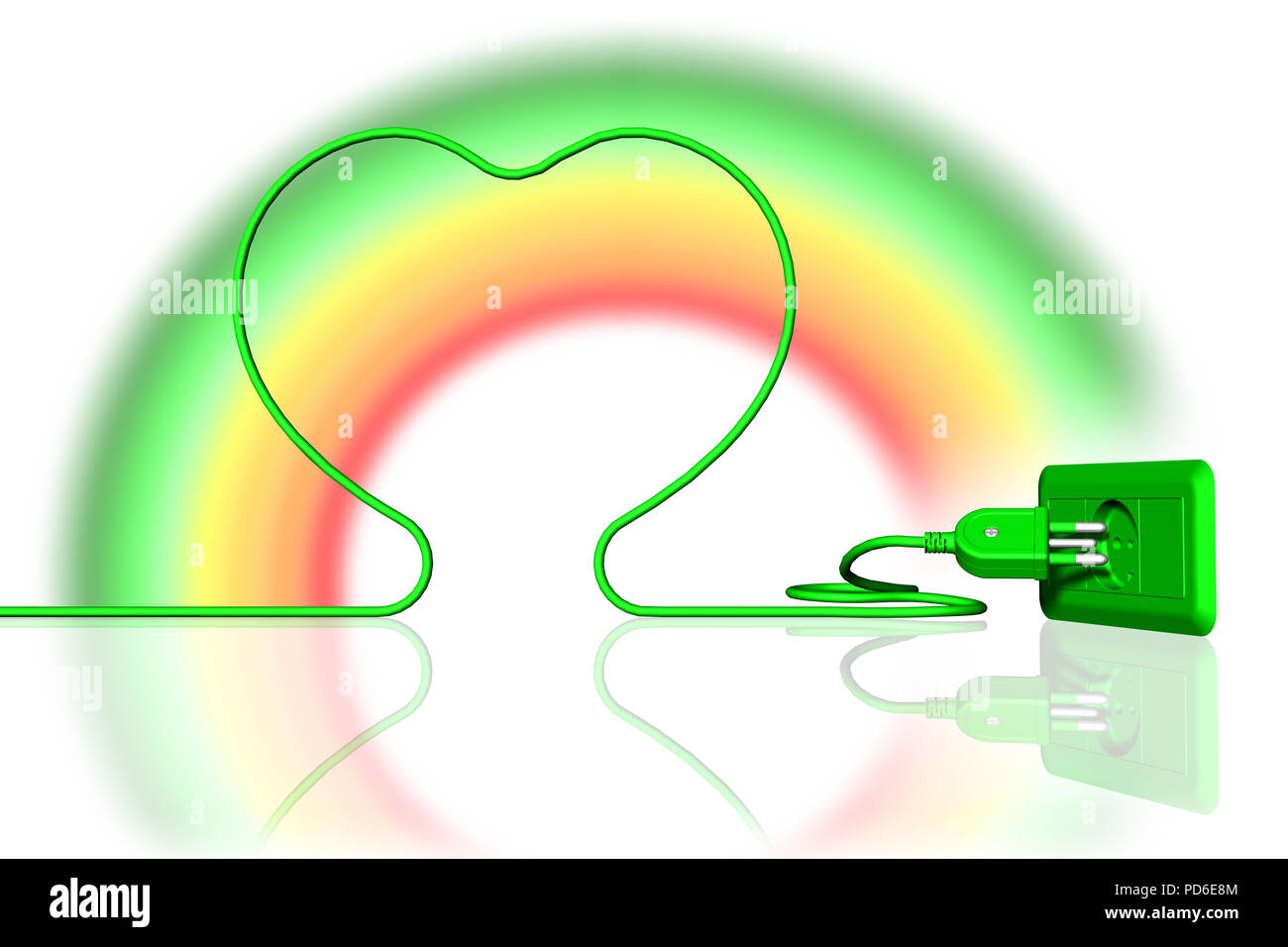3D illustration. cable and electrical outlet green with rainbow ...