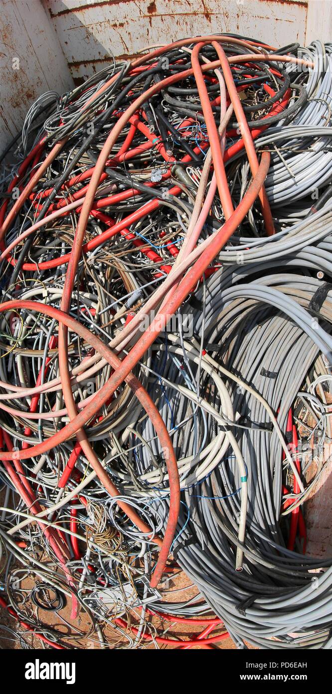containers with many large old high voltage cables in the landfill of ...