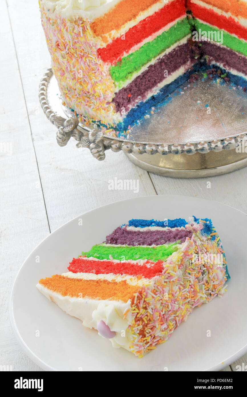 large layered rainbow cake Stock Photo - Alamy