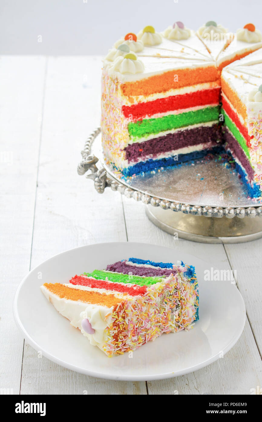 large layered rainbow cake Stock Photo - Alamy