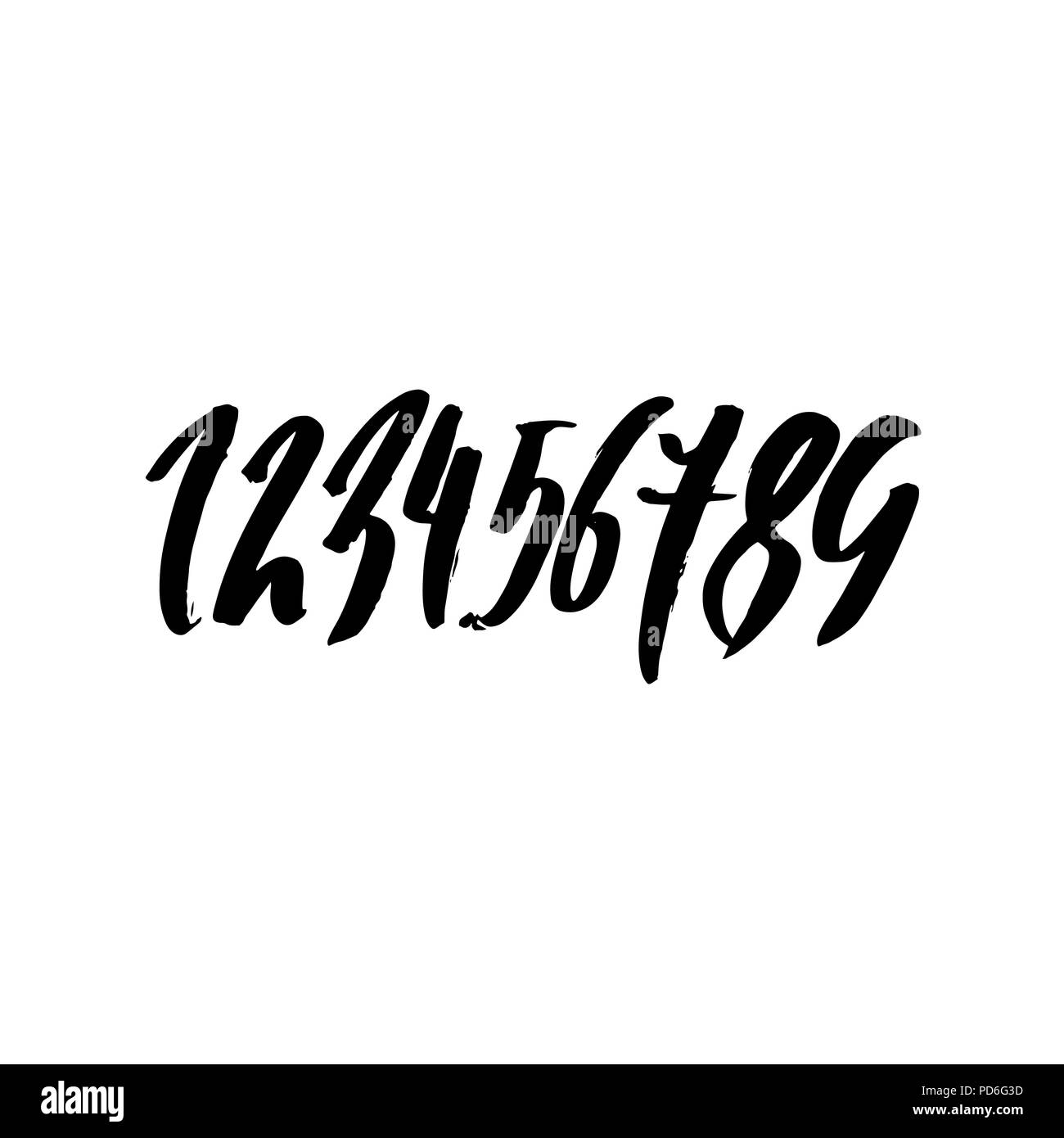 Set of calligraphic ink numbers. Textured dry brush lettering. Vector ...