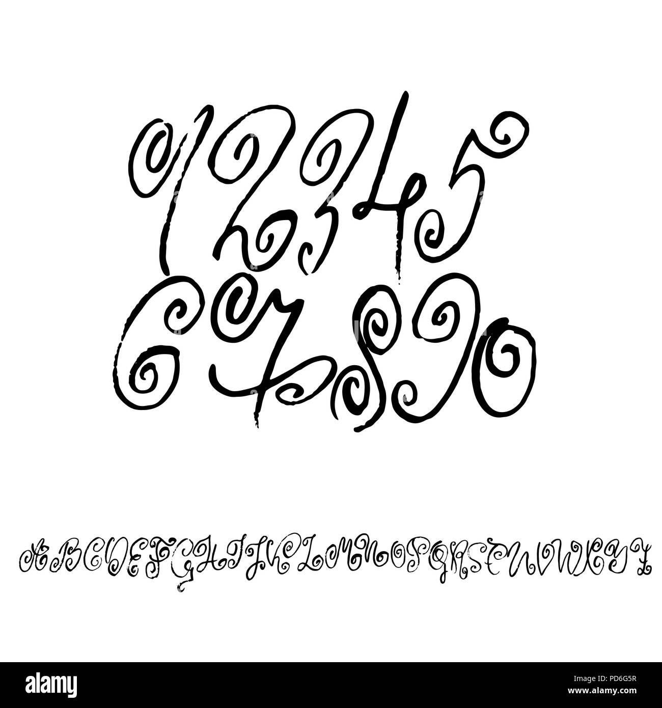 Set of calligraphic ink numbers. Textured dry brush lettering. Vector ...