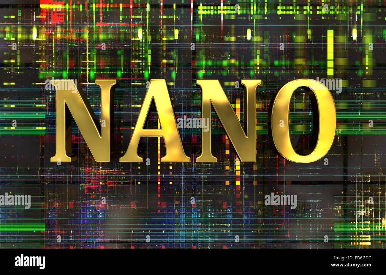 Nano word in gold with electronic background Stock Photo - Alamy