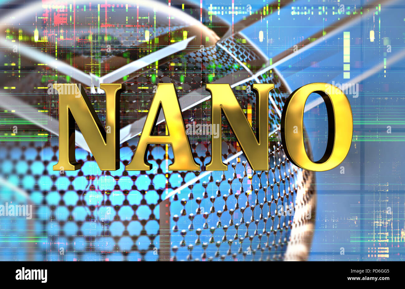 Nano word in gold with carbon structure and electronic background Stock ...