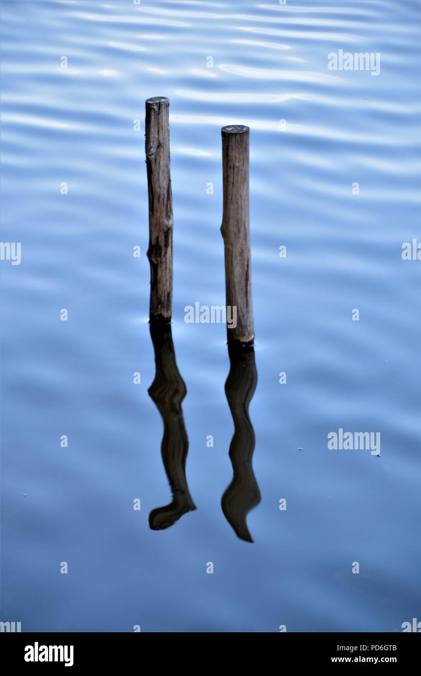 Reflection of two wood sticks in the water Stock Photo - Alamy