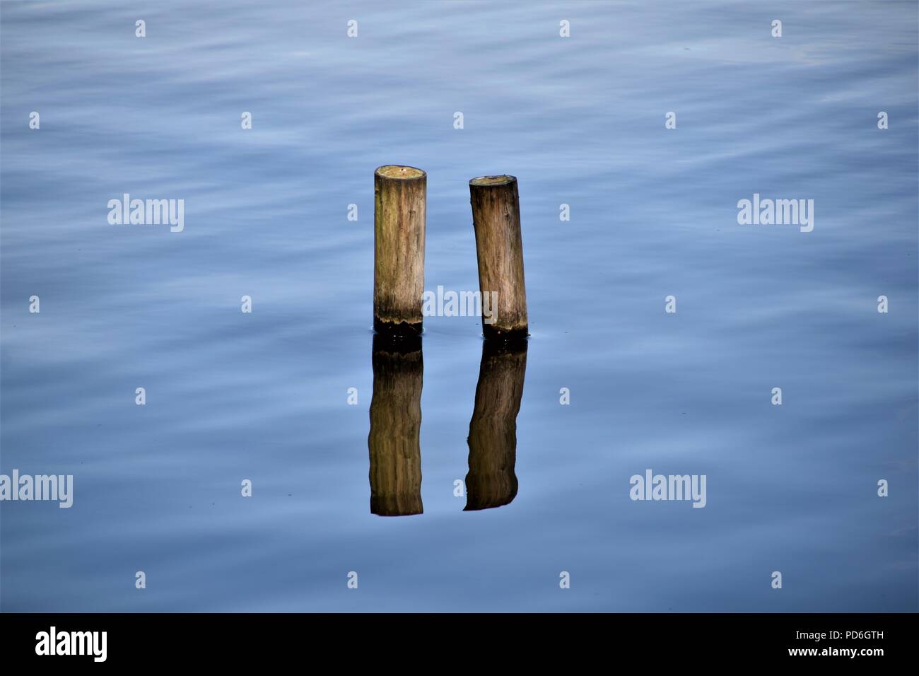 Reflection of two wood sticks in the water Stock Photo - Alamy