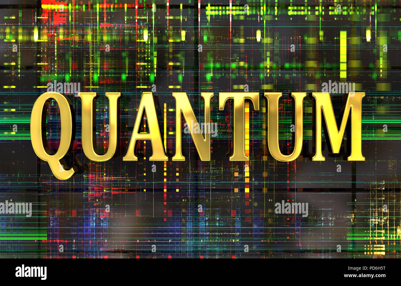 Quantum word in gold with electronic background Stock Photo - Alamy