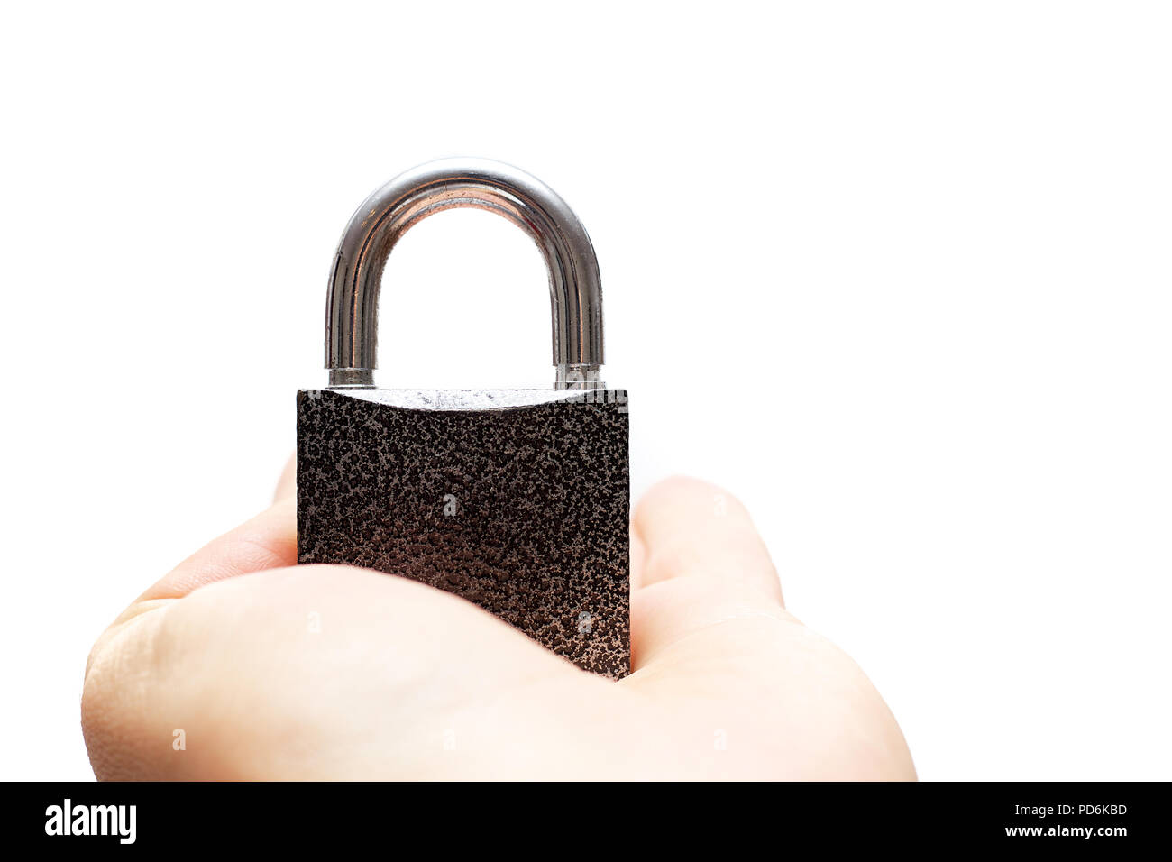 Hand holding metal lock isolated on white background - Security Concept ...