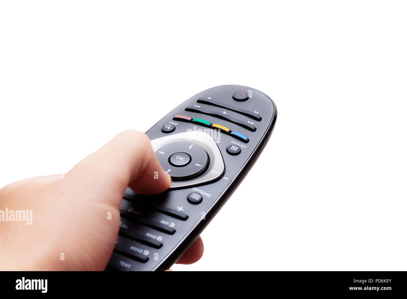 Hand pressing tv remote control, isolated on white background. First ...