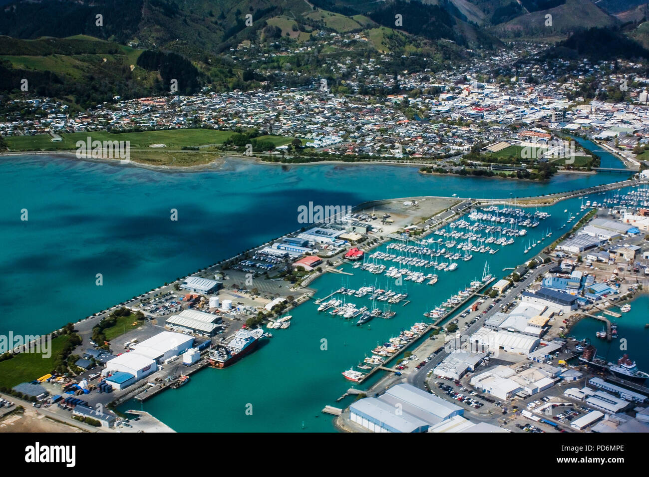 Picton harbor view from above with yachts and ships on turquoise water ...