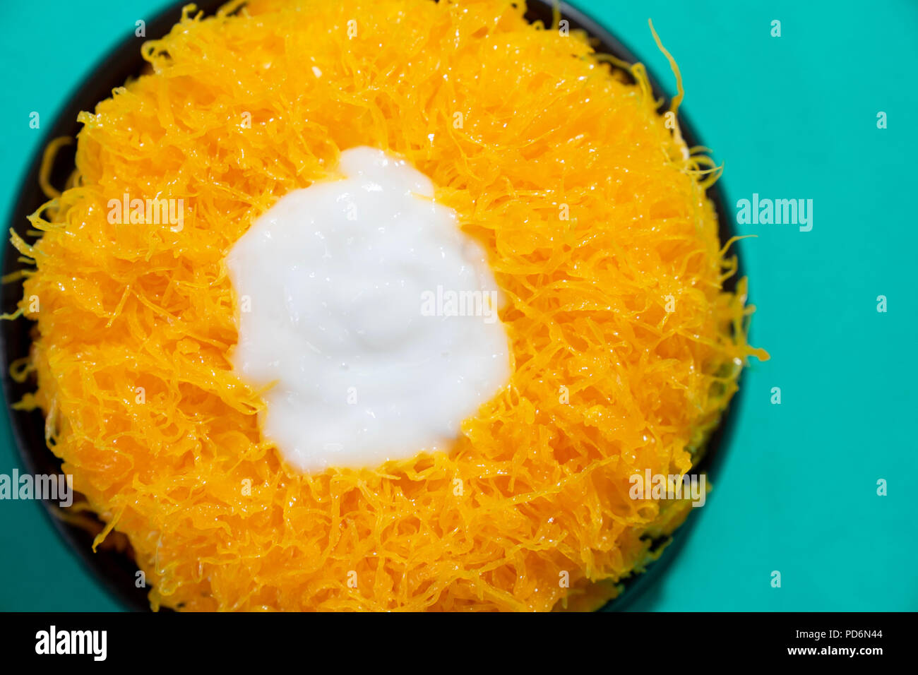 close up top view Gold Egg Yolk Thread Cakes, or 'Cake Foi Tong" Thai ...