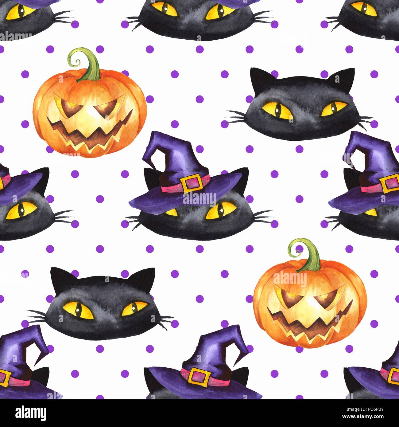 Halloween watercolor seamless pattern. Black cat, pumpkin, witch hat ...