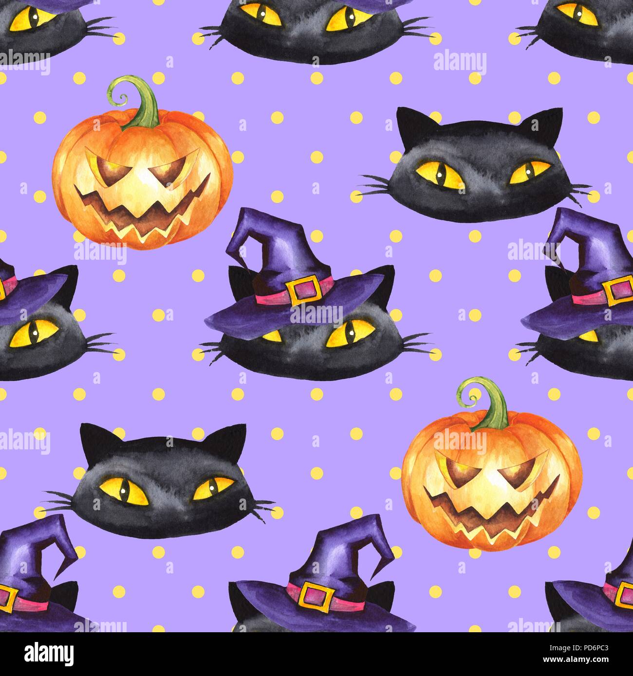 Halloween watercolor seamless pattern. Black cat, pumpkin, witch hat ...