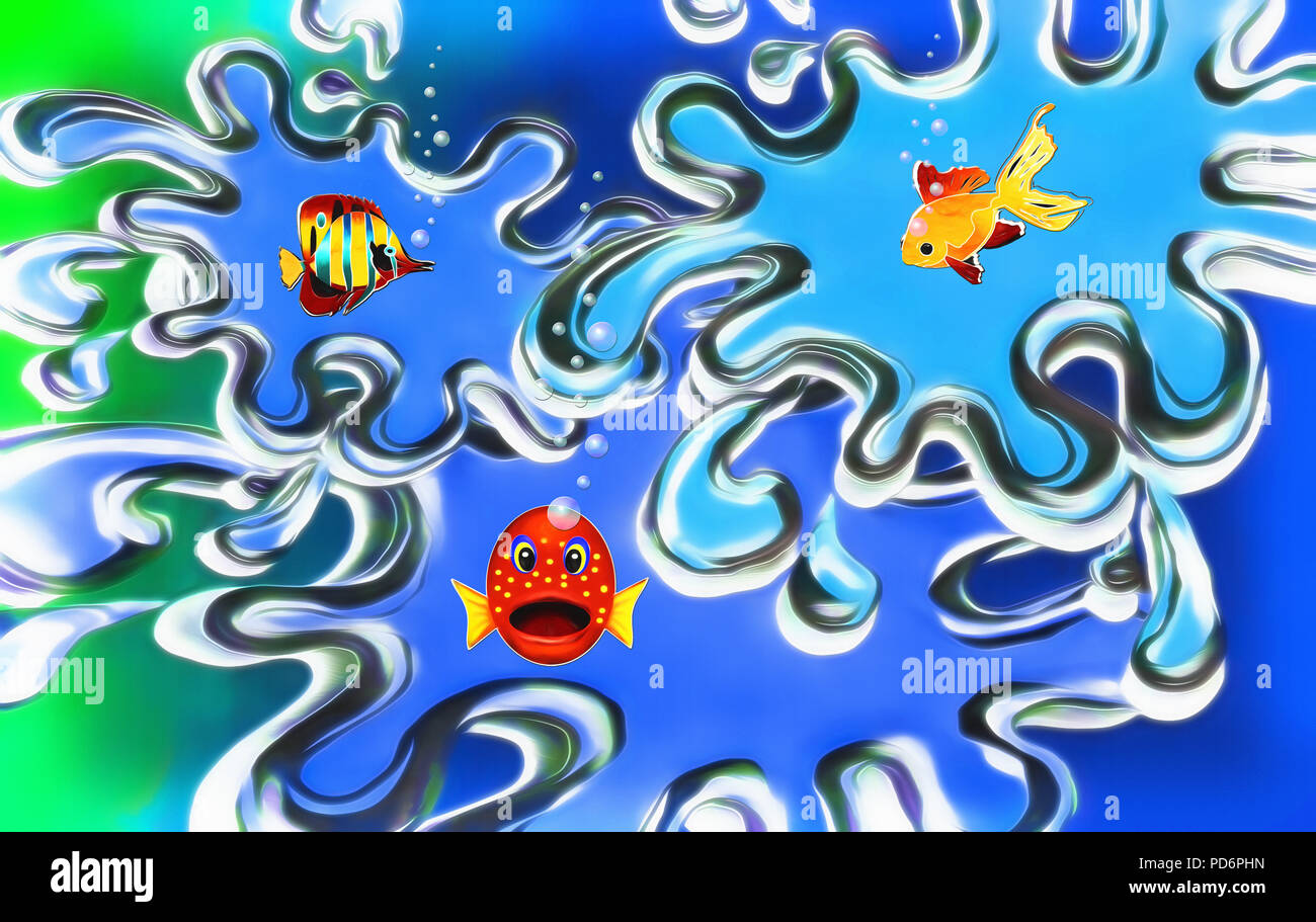A whimsical, multi-colored variety of fish swim amidst the splashing ...