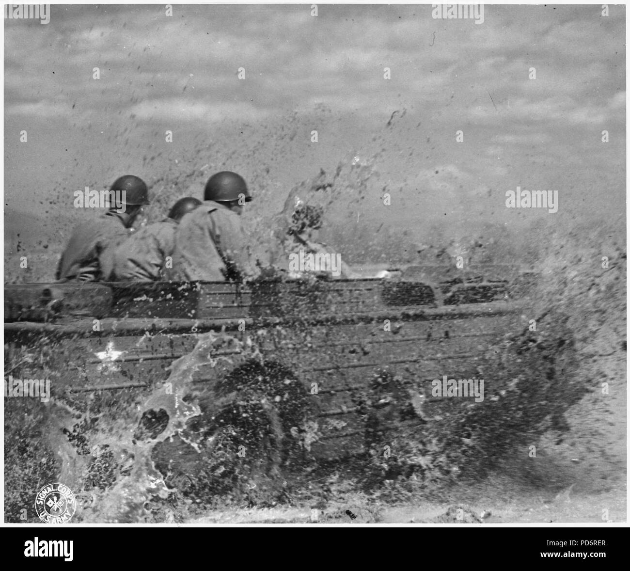 Amphibian jeeps in operation at training camp in Camp Carson, Colorado ...