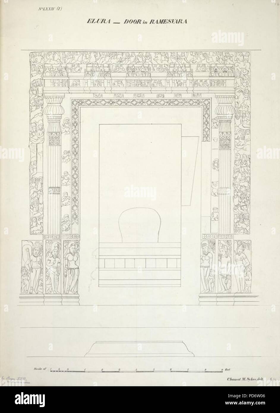 An 1877 sketch of the stone door in Rameshvara Hindu temple, Cave 21 ...