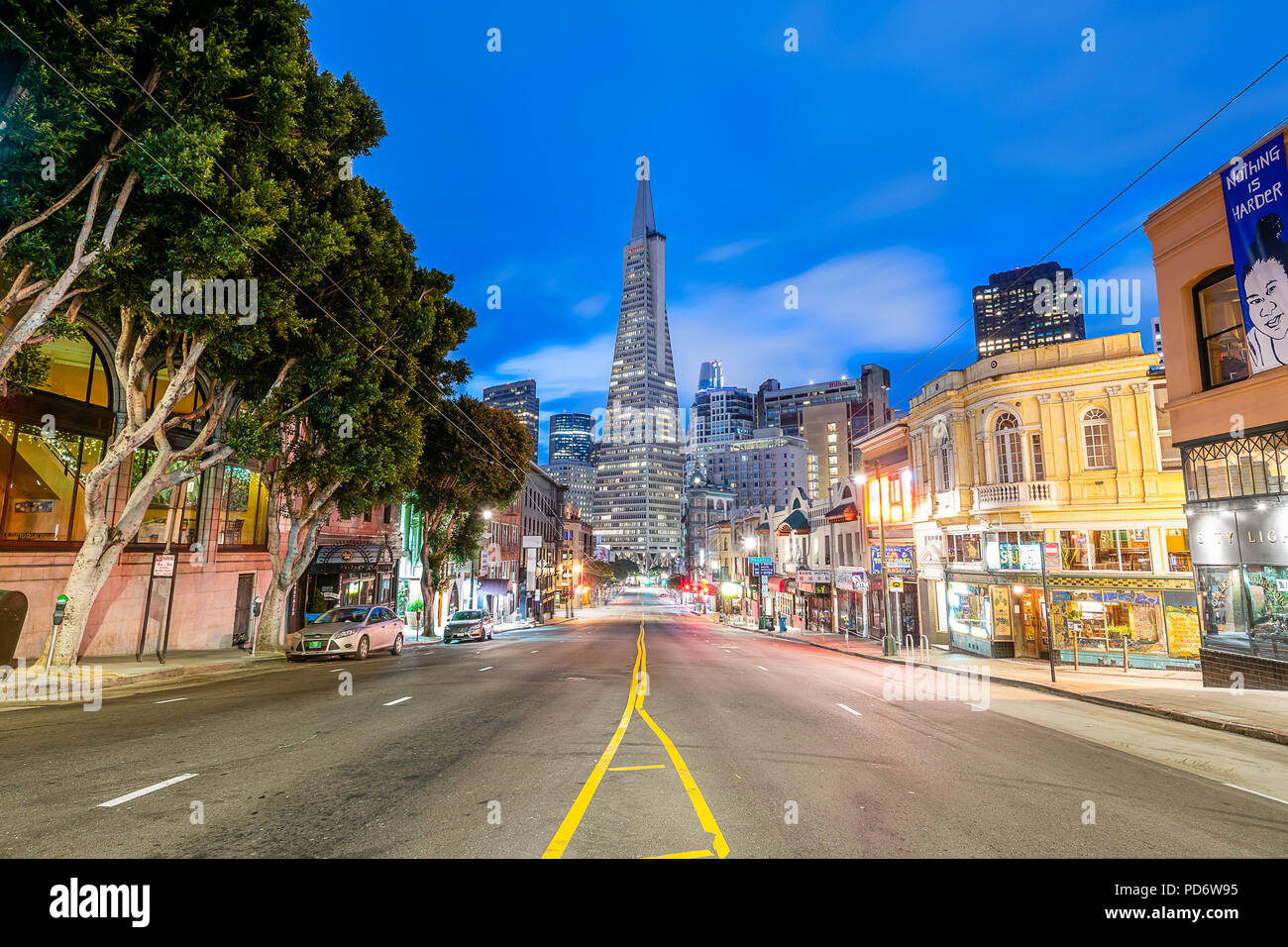Transamerica Pyramid and Columbus Avenue at Blue Hour Stock Photo - Alamy