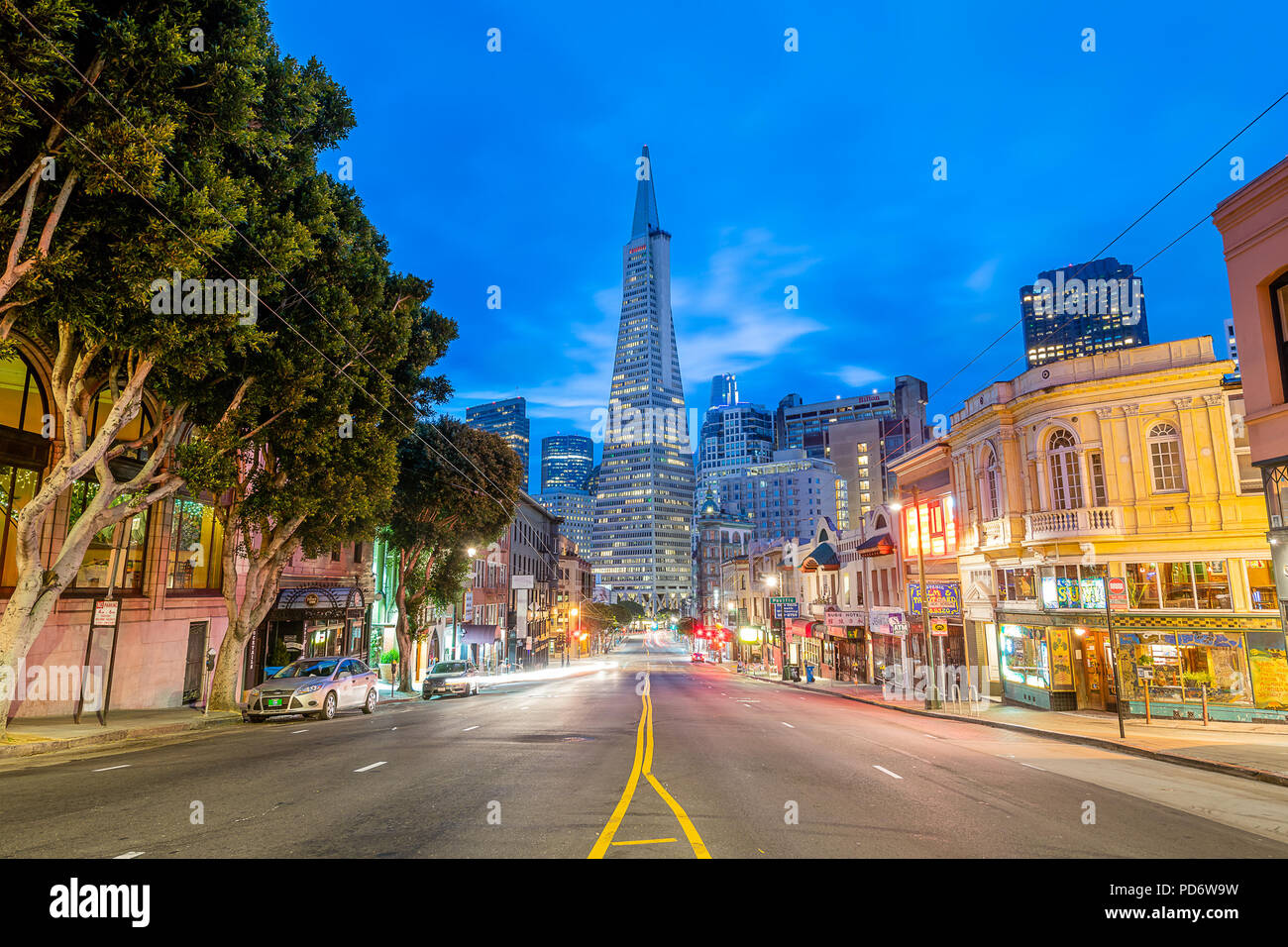 Transamerica Pyramid and Columbus Avenue at Blue Hour Stock Photo - Alamy