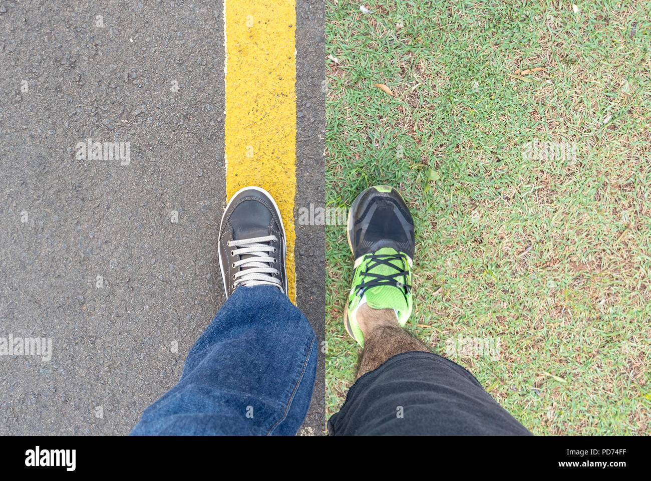 Composite of two images of personal perspective of the legs. One on the ...