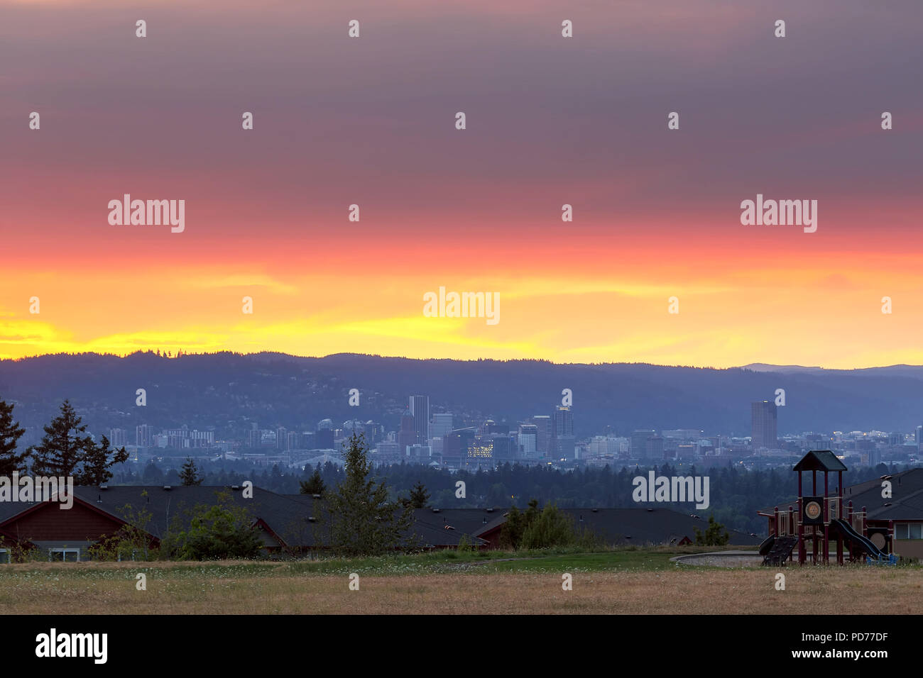 Portland Oregon downtown city skyline from Altamont Park on Mt Scott ...