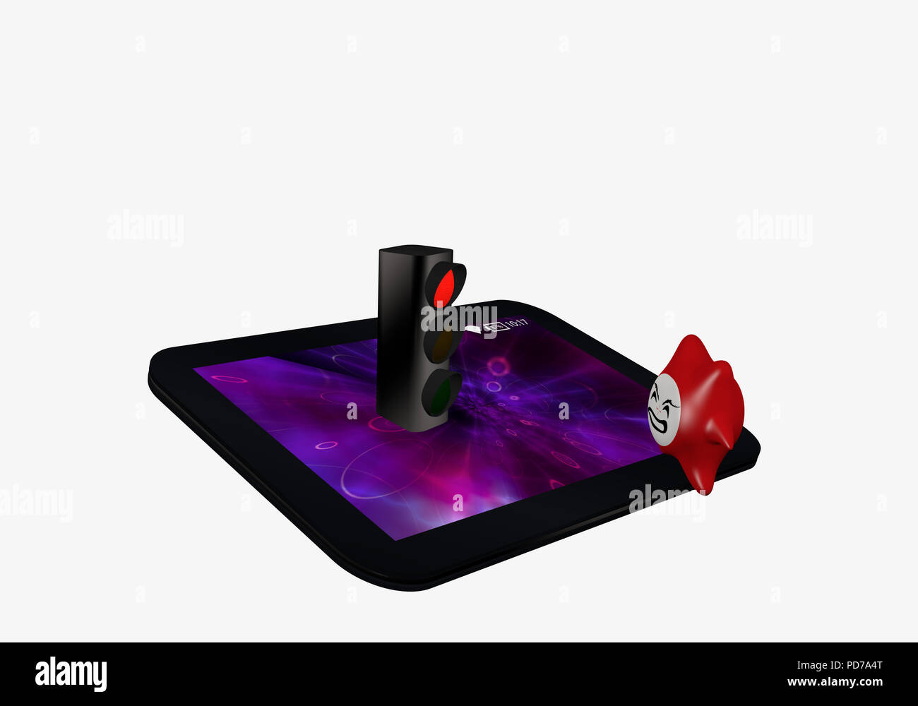 Black tablet with a red traffic light and a computer virus in front of ...