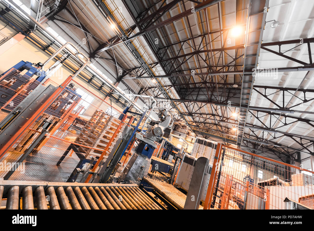 Fiberglass production industry equipment at manufacture background ...