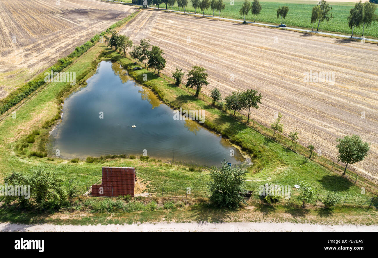 Aerial view of a small fishing pond between the harvested fields of a ...