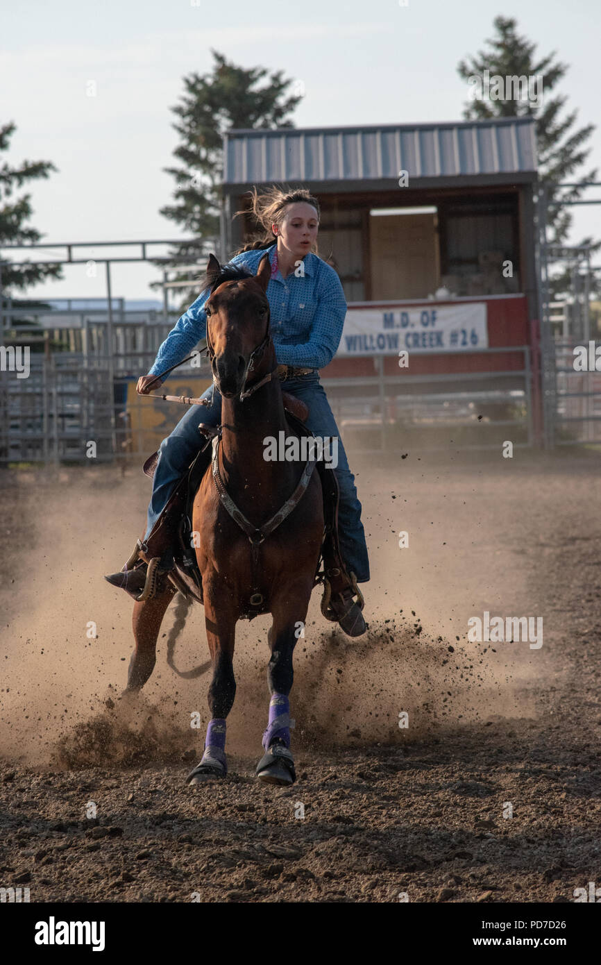 A Teenage girl on horseback competes in the Pole Bending Competition at ...
