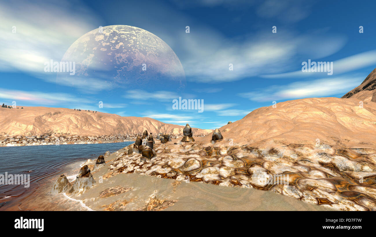 Fantasy alien planet. Mountain and water. 3D illustration Stock Photo ...