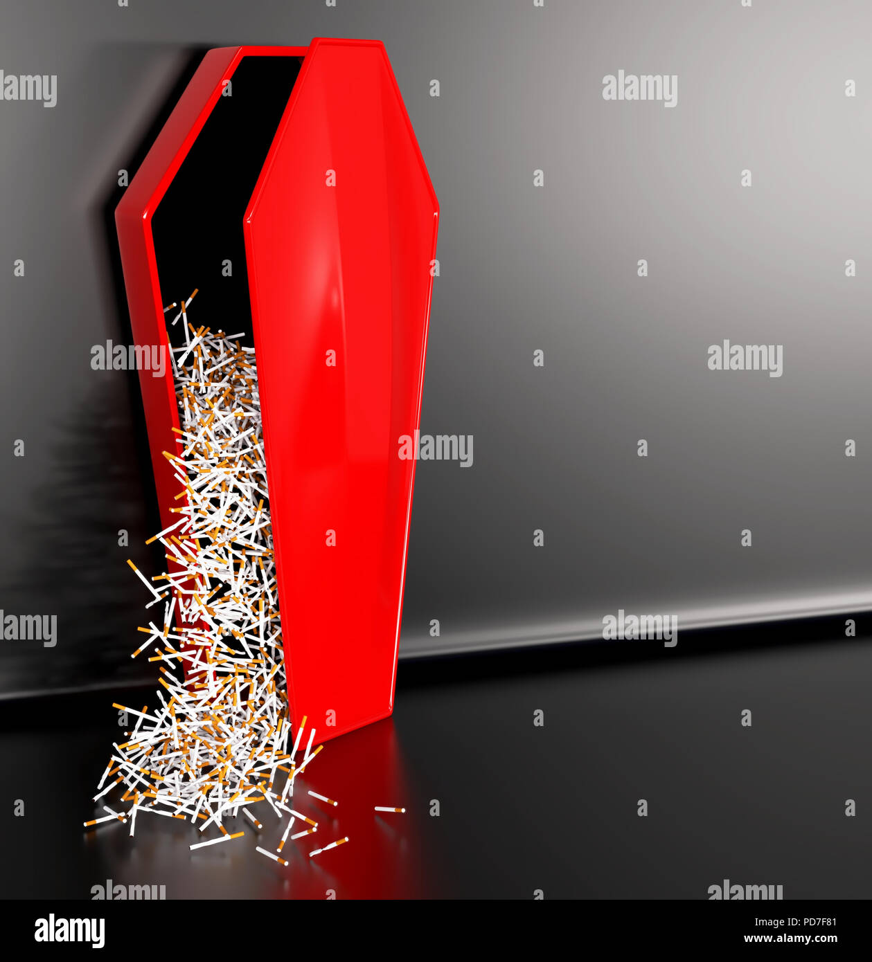 Opened red coffin, with falling cigarettes. Left view Stock Photo - Alamy
