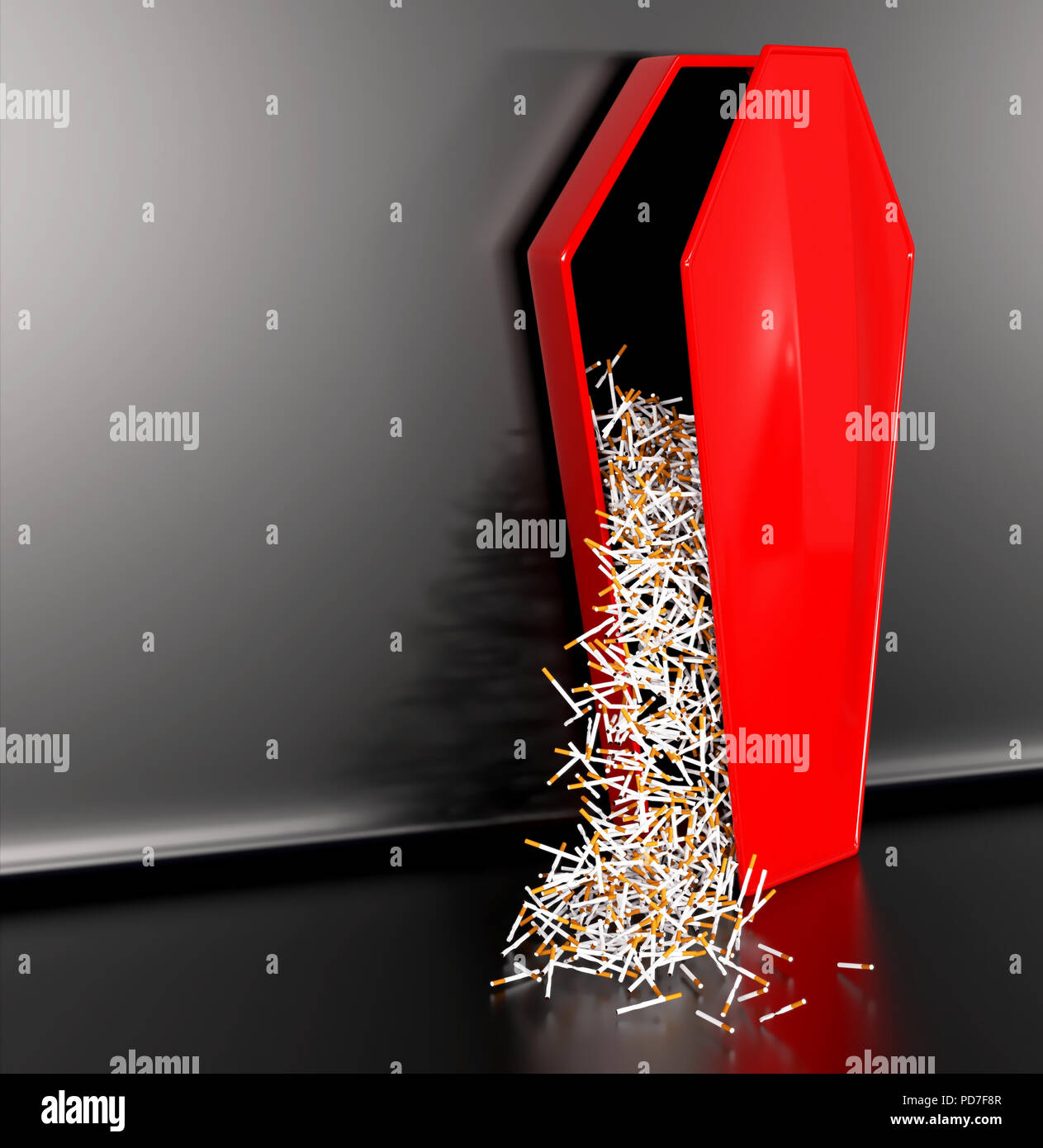 Opened red coffin, with falling cigarettes. Right view Stock Photo - Alamy