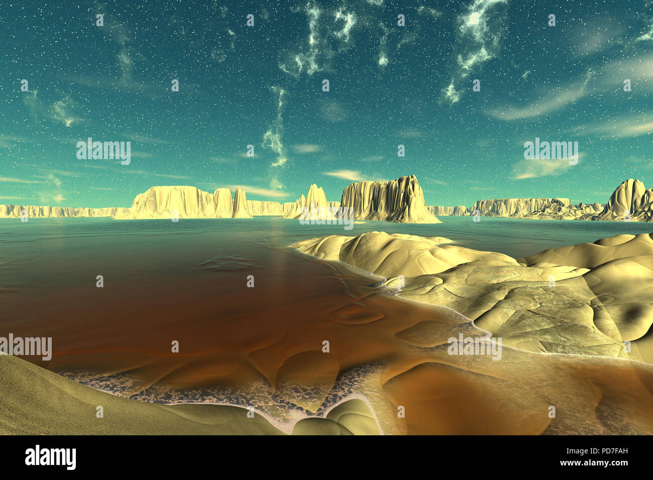 Fantasy alien planet. Mountain and water. 3D illustration Stock Photo ...