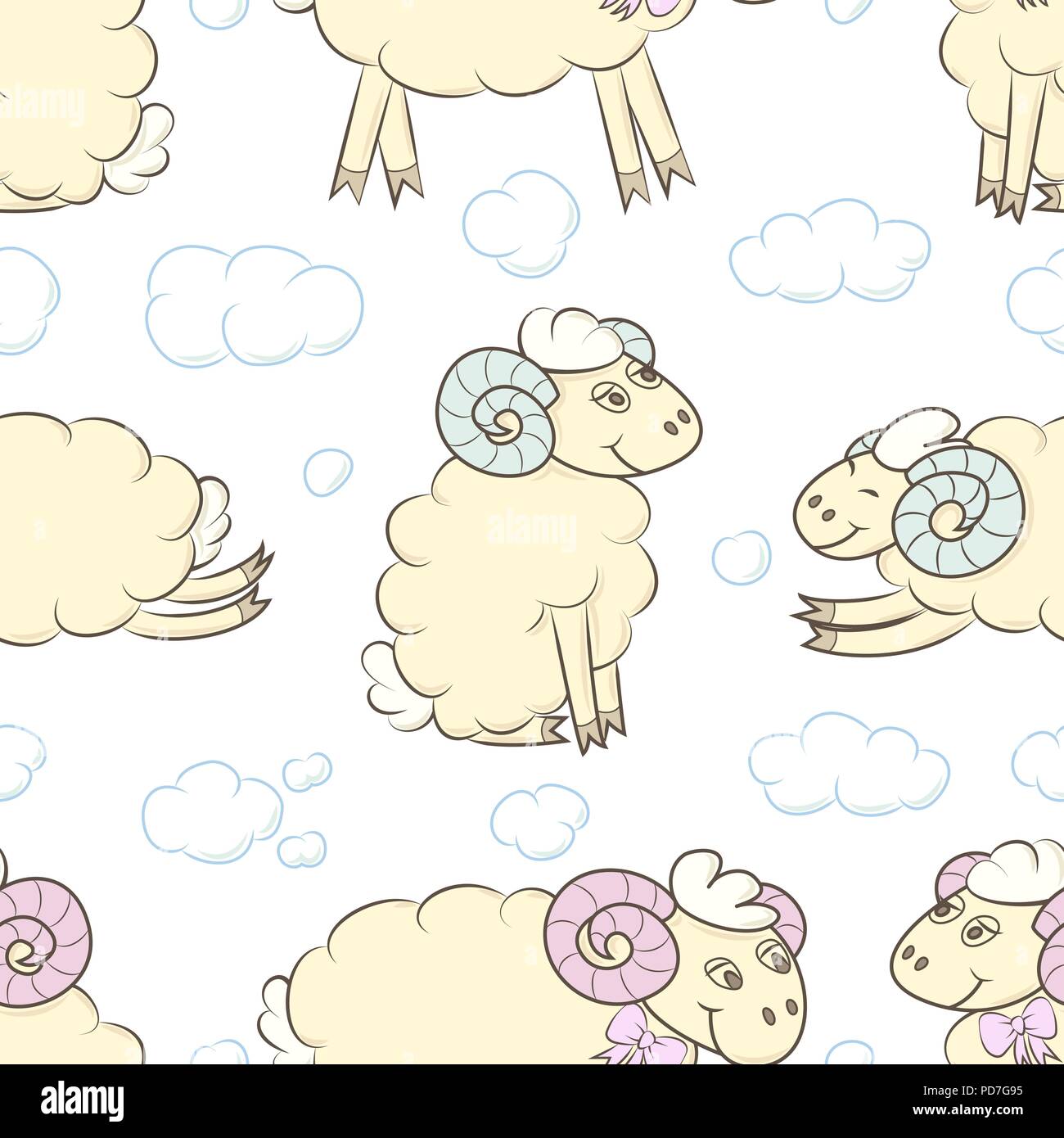 Cartoon sheep in the sky with clouds. Vector illustration. Seamless ...