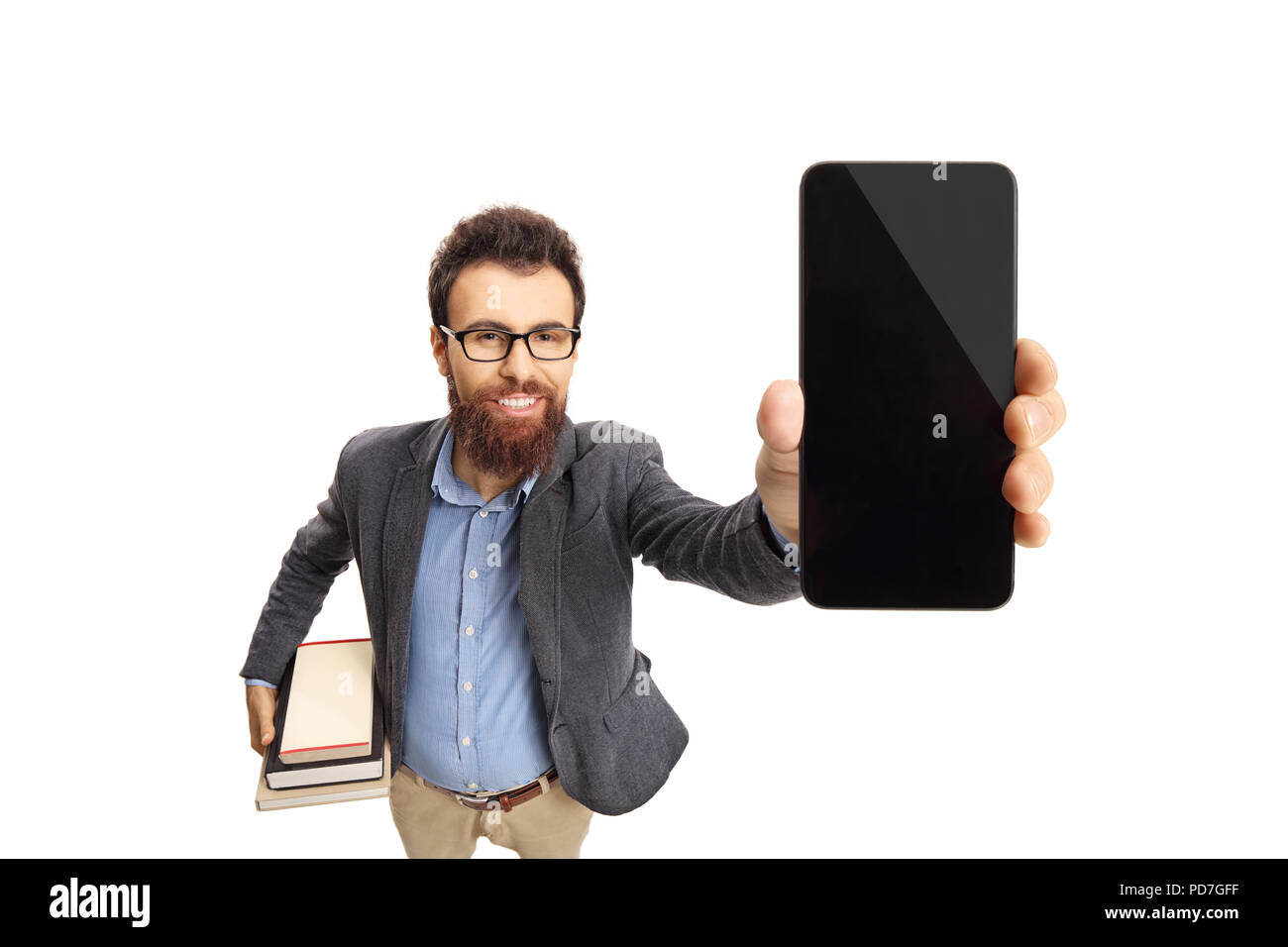 Professor showing a phone isolated on white background Stock Photo - Alamy