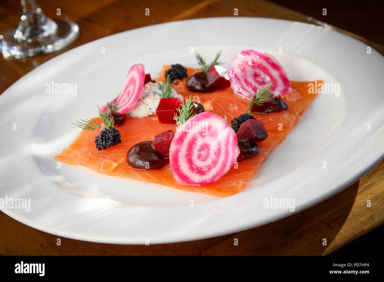 plated smoked salmon starter with beetroot Stock Photo - Alamy