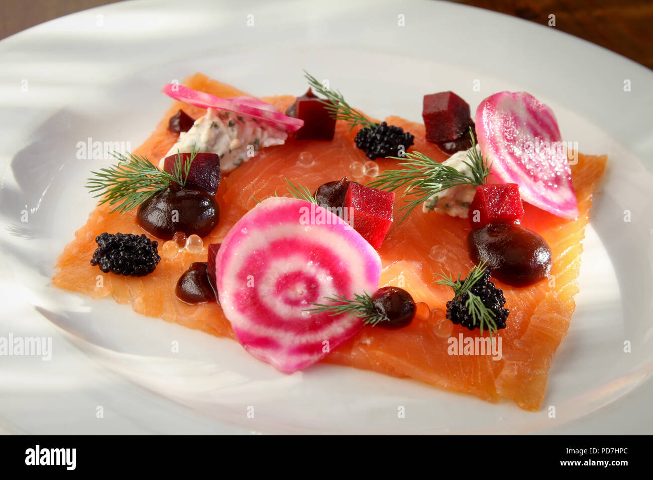plated smoked salmon starter with beetroot Stock Photo - Alamy