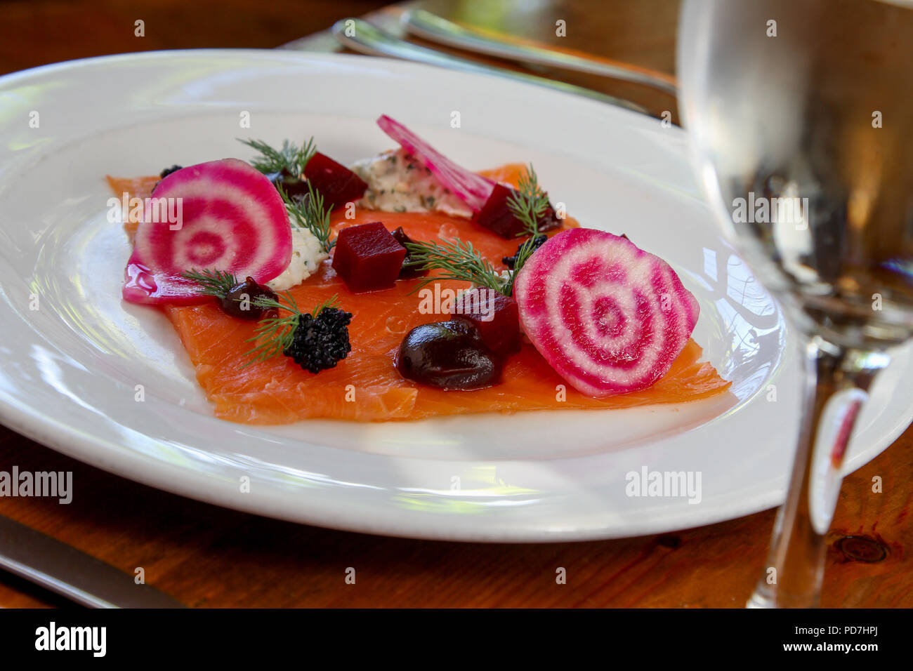 plated smoked salmon starter with beetroot Stock Photo - Alamy