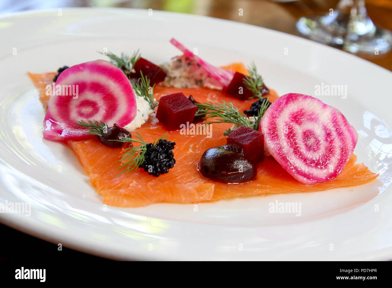 plated smoked salmon starter with beetroot Stock Photo - Alamy